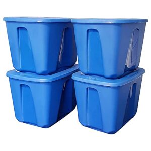 homz 18 gallon medium standard stackable plastic storage container bin with secure snap lid for home organization, blue, 4 pack