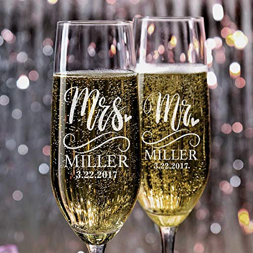 P Lab Set of 2, Bride and Groom Champagne Glasses w/Last Name & Date, Personalized Mr. Mrs. Engagement & Wedding Champagne Flutes, Toasting Glasses - Customized Etched Flutes, Wedding Gift #N5