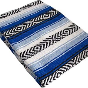 Genuine Mexican Handwoven Blanket, Premium Large Heavyweight Falsa Blanket, Serape & Yoga Blanket | Beach Blanket | Throw Blanket | Picnic Blanket(Large Heavy, Royal Blue and Light Blue)