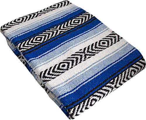 Genuine Mexican Handwoven Blanket, Premium Large Heavyweight Falsa Blanket, Serape & Yoga Blanket | Beach Blanket | Throw Blanket | Picnic Blanket(Large Heavy, Royal Blue and Light Blue)