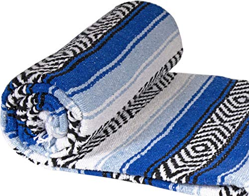 Genuine Mexican Handwoven Blanket, Premium Large Heavyweight Falsa Blanket, Serape & Yoga Blanket | Beach Blanket | Throw Blanket | Picnic Blanket(Large Heavy, Royal Blue and Light Blue)