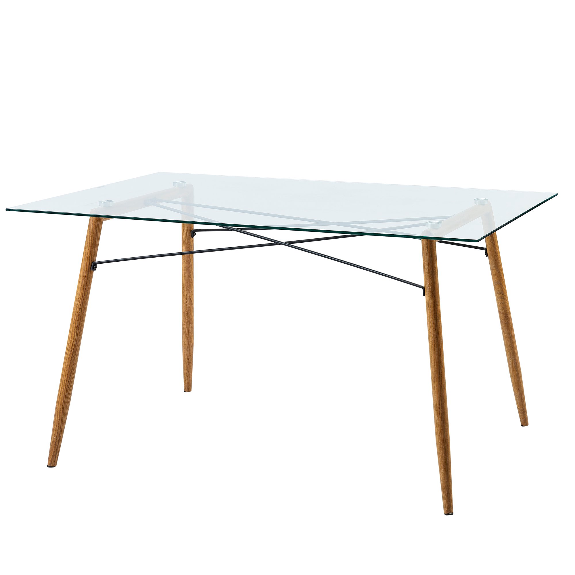 Versanora Minimalista Glass Dining Table Mid-Century Modern Style with Metal Legs for Kitchen Living Room Study Home Office, 30 inch Height, Glass/Wood Grain