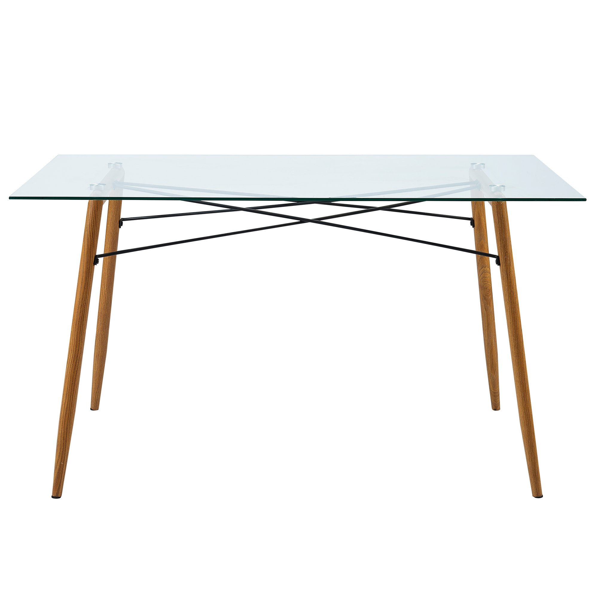 Versanora Minimalista Glass Dining Table Mid-Century Modern Style with Metal Legs for Kitchen Living Room Study Home Office, 30 inch Height, Glass/Wood Grain