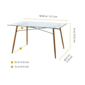 Versanora Minimalista Glass Dining Table Mid-Century Modern Style with Metal Legs for Kitchen Living Room Study Home Office, 30 inch Height, Glass/Wood Grain