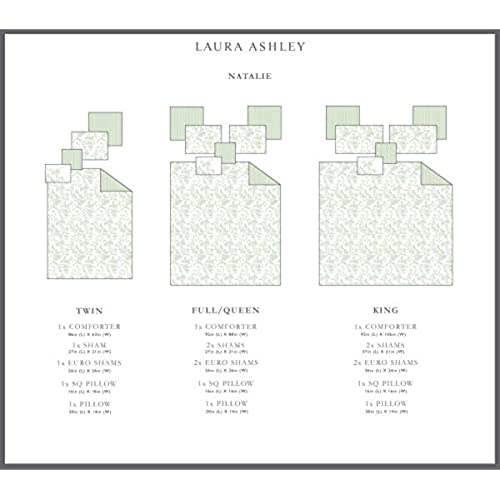 Laura Ashley Home - King Size Comforter Set, Reversible Cotton Bedding, Includes Matching Shams with Bonus Euro Shams & Throw Pillows (Natalie Sage/Off White, King)