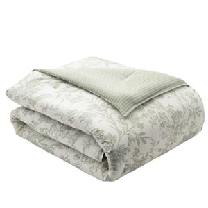 Laura Ashley Home - King Size Comforter Set, Reversible Cotton Bedding, Includes Matching Shams with Bonus Euro Shams & Throw Pillows (Natalie Sage/Off White, King)