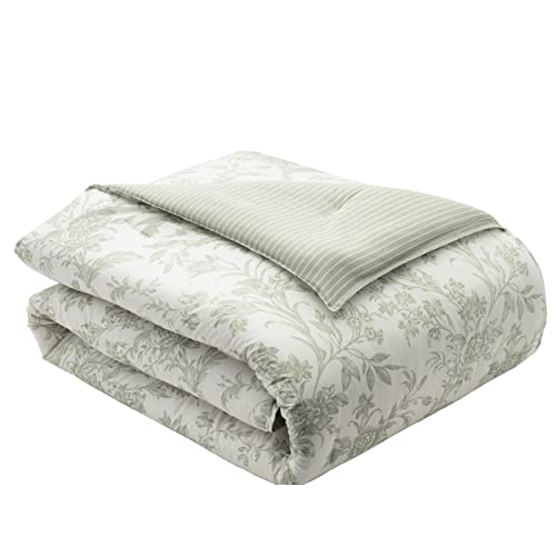 Laura Ashley Home - King Size Comforter Set, Reversible Cotton Bedding, Includes Matching Shams with Bonus Euro Shams & Throw Pillows (Natalie Sage/Off White, King)