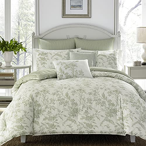 Laura Ashley Home - King Size Comforter Set, Reversible Cotton Bedding, Includes Matching Shams with Bonus Euro Shams & Throw Pillows (Natalie Sage/Off White, King)