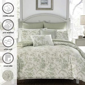 Laura Ashley Home - King Size Comforter Set, Reversible Cotton Bedding, Includes Matching Shams with Bonus Euro Shams & Throw Pillows (Natalie Sage/Off White, King)