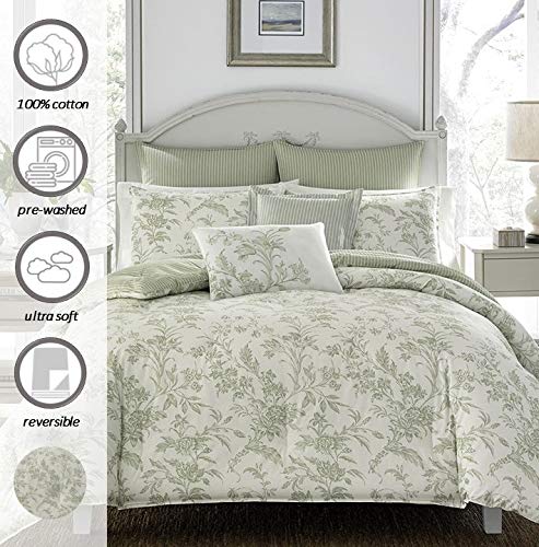 Laura Ashley Home - King Size Comforter Set, Reversible Cotton Bedding, Includes Matching Shams with Bonus Euro Shams & Throw Pillows (Natalie Sage/Off White, King)