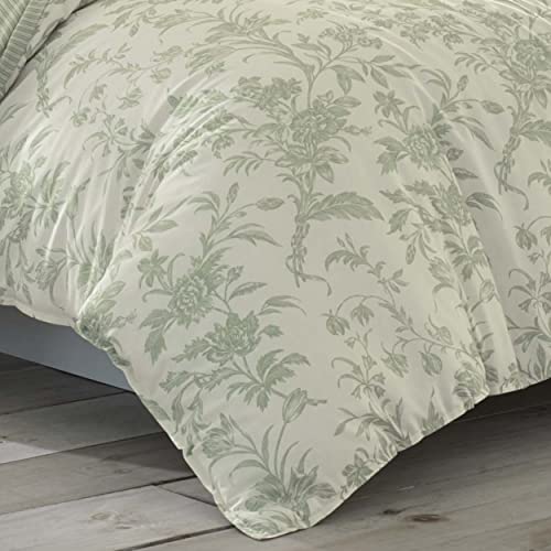 Laura Ashley Home - King Size Comforter Set, Reversible Cotton Bedding, Includes Matching Shams with Bonus Euro Shams & Throw Pillows (Natalie Sage/Off White, King)