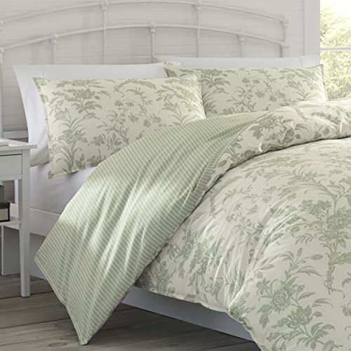 Laura Ashley Home - King Size Comforter Set, Reversible Cotton Bedding, Includes Matching Shams with Bonus Euro Shams & Throw Pillows (Natalie Sage/Off White, King)