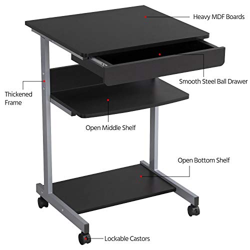 Topeakmart Mobile Compact Computer Desk Cart for Small Spaces, Work Workstation, Writing Desk Table with Drawers and Printer Shelf on Wheels