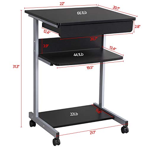 Topeakmart Mobile Compact Computer Desk Cart for Small Spaces, Work Workstation, Writing Desk Table with Drawers and Printer Shelf on Wheels