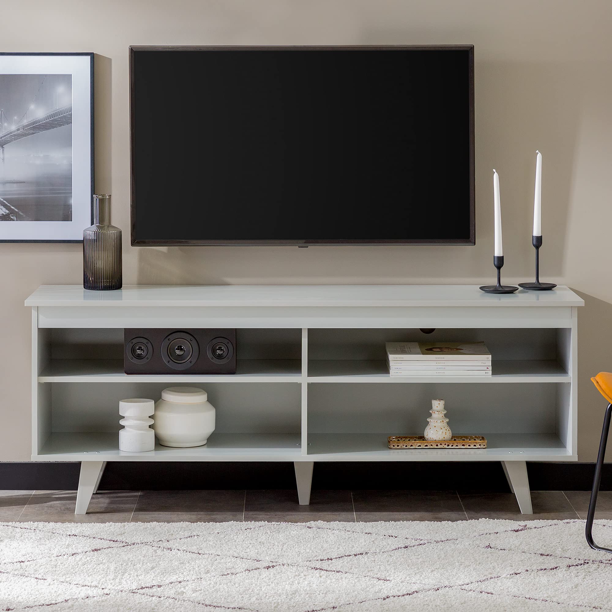 Walker Edison Rohde Contemporary 4 Cubby TV Stand for TVs up to 65 Inches, 58 Inch, Grey