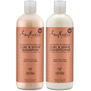 shea moisture shampoo and conditioner set, coconut & hibiscus curl & shine, curly hair products with coconut oil, vitamin e & neem oil, frizz control, family size, 16 fl oz ea