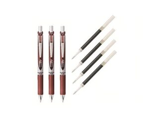 pentel energel deluxe rtx liquid gel ink pen set kit, pack of 3 with 4 refills (0.7mm) (brown)