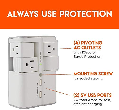 ECHOGEAR USB Wall Charger Surge Protector with 4 Pivoting AC Outlets & 2 USB Ports – Packs 1080 Joules of Surge Protection & Installs On Existing Outlets to Protect Gear & Increase Outlet Capacity