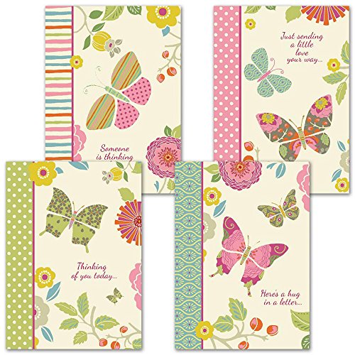 Butterfly Cheer Thinking of You Greeting Cards - Set of 8 (4 designs), Large 5" x 7", Thinking of You Cards with Sentiments Inside, Envelopes Included