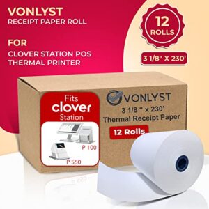 Vonlyst Thermal Receipt Paper Rolls 3 1/8" x 230' for Clover Station (12 rolls)