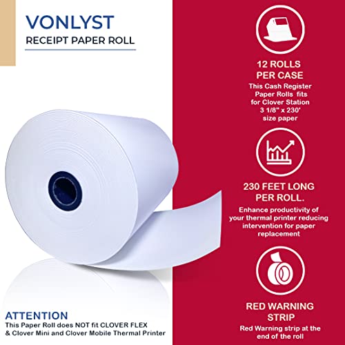 Vonlyst Thermal Receipt Paper Rolls 3 1/8" x 230' for Clover Station (12 rolls)