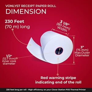 Vonlyst Thermal Receipt Paper Rolls 3 1/8" x 230' for Clover Station (12 rolls)