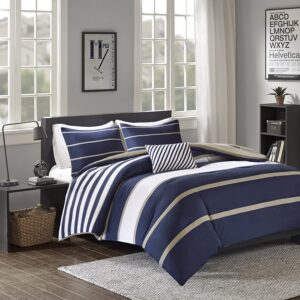 comfort spaces casual comforter set sporty design, vibrant color, active lifestyle boys bedroom décor, all season soft microfiber bedding set, decorative pillow, sham blue/white queen 4 piece