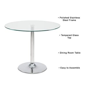 Uptown Club Modern Round Dining Table with Tempered Glass Top, Seats 4 in Style & Comfort, Elegant Kitchen Furniture for Contemporary Home, 35", Silver