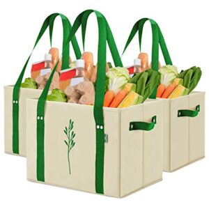 green bulldog reusable grocery bags - heavy duty, foldable, space saving tote shopping bags - box bag w/straps and handles (set of 3) - taupe