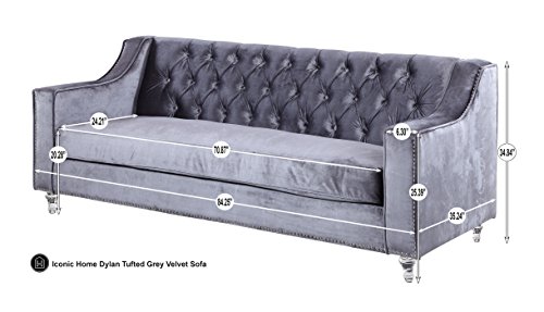 Iconic Home Grey Dylan Velvet with Silver Nail head Trim Round Acrylic Feet Sofa