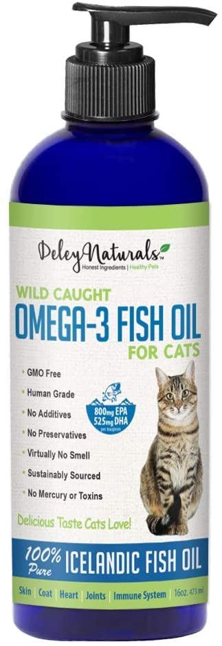 Deley Naturals Wild Caught Fish Oil for Cats - 16oz - Omega 3-6-9, GMO Free - Reduces Shedding, Supports Skin, Coat, Joints, Heart, Brain, Immune System - Highest EPA & DHA Potency – Pure Fish Oil