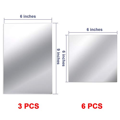 BBTO 9 Pieces Mirror Adhesive Craft Mirrors Shatterproof Sheet Small Mirror Tiles Flexible Self Adhesive Non Glass Mirror Plastic Mirror Wall Stickers, 6 x 9 Inches, 6 x 6 Inches