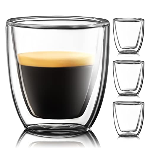 Glass Espresso Cups Set of 4 - Double Walled Espresso Cups 2.6 OZ - Wide Italian Style Clear Doppio Espresso Cup - Double Espresso Cups - Espresso Accessories Small Double Wall Expresso Coffee Cup