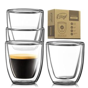 Glass Espresso Cups Set of 4 - Double Walled Espresso Cups 2.6 OZ - Wide Italian Style Clear Doppio Espresso Cup - Double Espresso Cups - Espresso Accessories Small Double Wall Expresso Coffee Cup