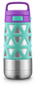 ello max vacuum insulated stainless steel kids water bottle with silicon sleeve, 12 oz, mint/purple