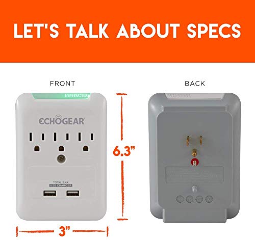 ECHOGEAR Outlet Extender Multiplug with 3 AC Outlets & 2 USB Ports – Low Profile Design Sits Just 1.1" from Wall - Protects Your Gear with 540 Joules of Surge Protection