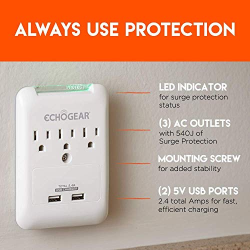 ECHOGEAR Outlet Extender Multiplug with 3 AC Outlets & 2 USB Ports – Low Profile Design Sits Just 1.1" from Wall - Protects Your Gear with 540 Joules of Surge Protection