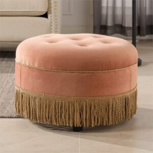 Jennifer Taylor Home Yolanda Upholstered Round Accent Ottoman, Peach Orange Velvet with Gold Trim