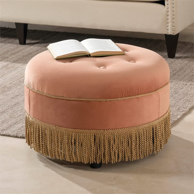 Jennifer Taylor Home Yolanda Upholstered Round Accent Ottoman, Peach Orange Velvet with Gold Trim