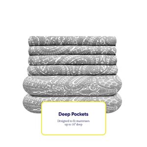 Cal King Size Bed Sheets - 6 Piece 1500 Supreme Collection Fine Brushed Microfiber Deep Pocket California King Sheet Set Bedding - 2 Extra Pillow Cases, Great Value, California King, Paisley Gray