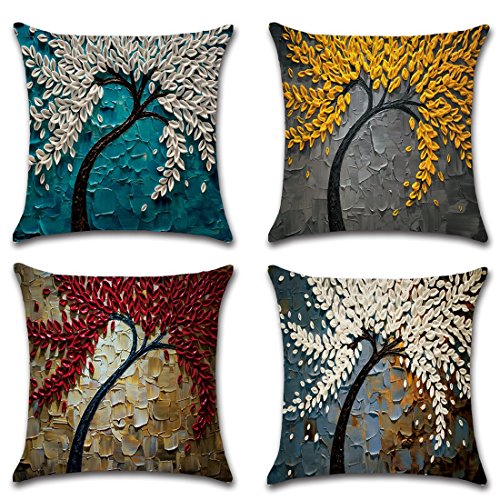 Calcifer 18 x18 Inch (45x45cm) Oil Painting Tree Durable Cotton Linen Throw Pillows Sheel Case Cushion Covers for Home Sofa Decorative (Set of 4)