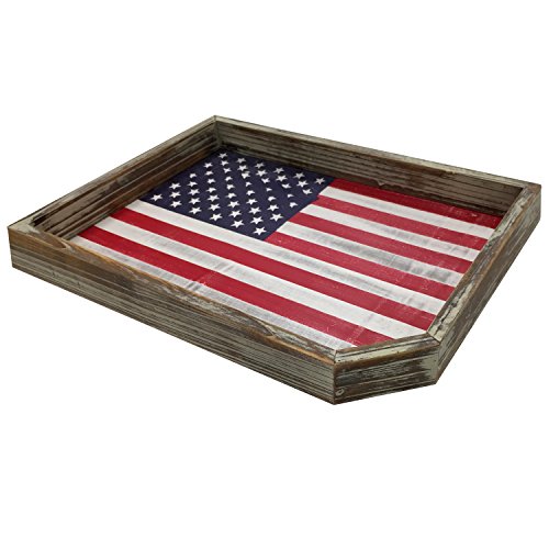 MyGift American Flag Design Serving Tray - Rustic Torched Wood Decorative Display Ottoman Coffee Table Tray