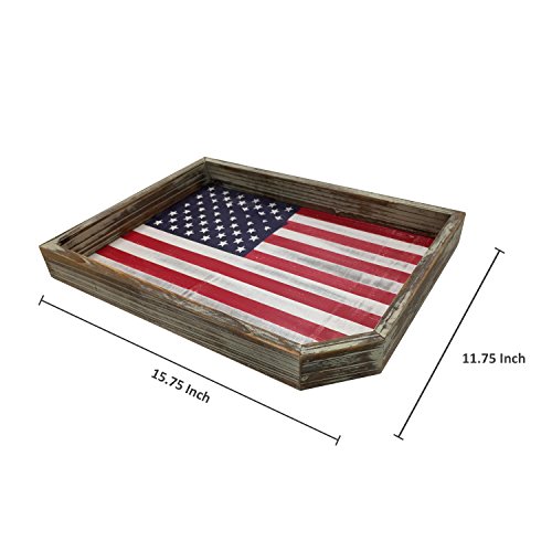 MyGift American Flag Design Serving Tray - Rustic Torched Wood Decorative Display Ottoman Coffee Table Tray