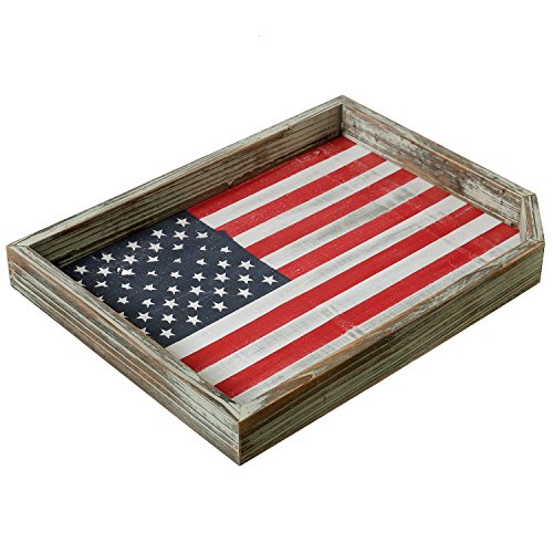 MyGift American Flag Design Serving Tray - Rustic Torched Wood Decorative Display Ottoman Coffee Table Tray