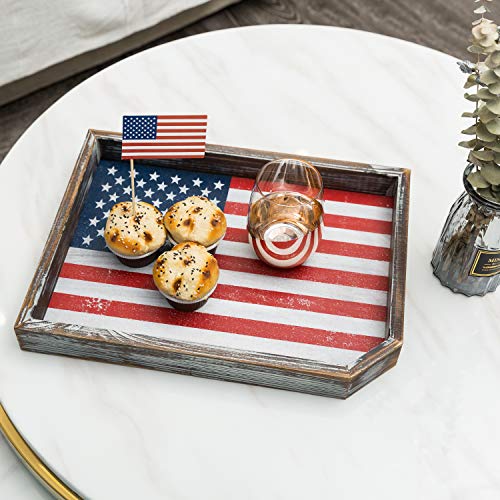 MyGift American Flag Design Serving Tray - Rustic Torched Wood Decorative Display Ottoman Coffee Table Tray