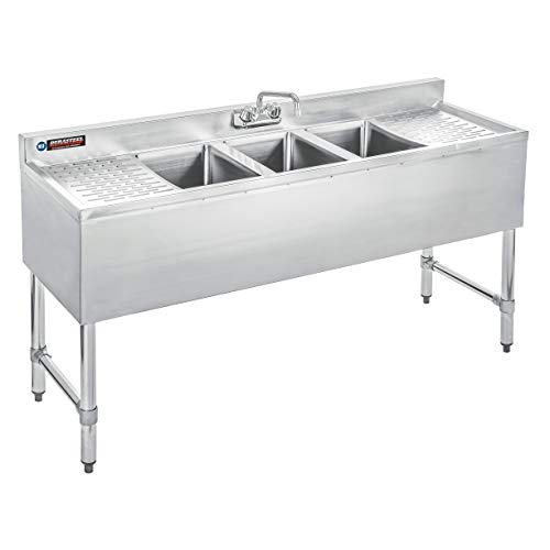 DuraSteel 3 Compartment Stainless Steel Bar Sink with 10" L x 14" W x 10" D Bowl - Underbar Basin - NSF Certified - Double Drainboard, Faucet Included (Restaurant, Kitchen, Hotel, Bar)