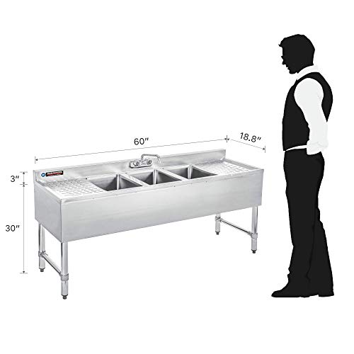 DuraSteel 3 Compartment Stainless Steel Bar Sink with 10" L x 14" W x 10" D Bowl - Underbar Basin - NSF Certified - Double Drainboard, Faucet Included (Restaurant, Kitchen, Hotel, Bar)