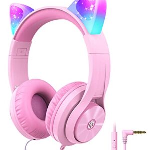 iClever Kids Headphones with Cat Ear Led Light Up, Safe Volume Limite Kids Wired Headphones with Microphone, FunShare Foldable Over-Ear Headphones for Kids/School/iPad/Tablet/Travel, Meow Donut-Pink