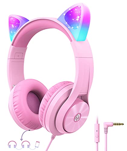 iClever Kids Headphones with Cat Ear Led Light Up, Safe Volume Limite Kids Wired Headphones with Microphone, FunShare Foldable Over-Ear Headphones for Kids/School/iPad/Tablet/Travel, Meow Donut-Pink