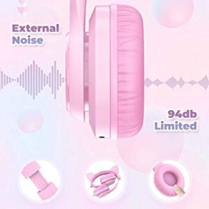 iClever Kids Headphones with Cat Ear Led Light Up, Safe Volume Limite Kids Wired Headphones with Microphone, FunShare Foldable Over-Ear Headphones for Kids/School/iPad/Tablet/Travel, Meow Donut-Pink